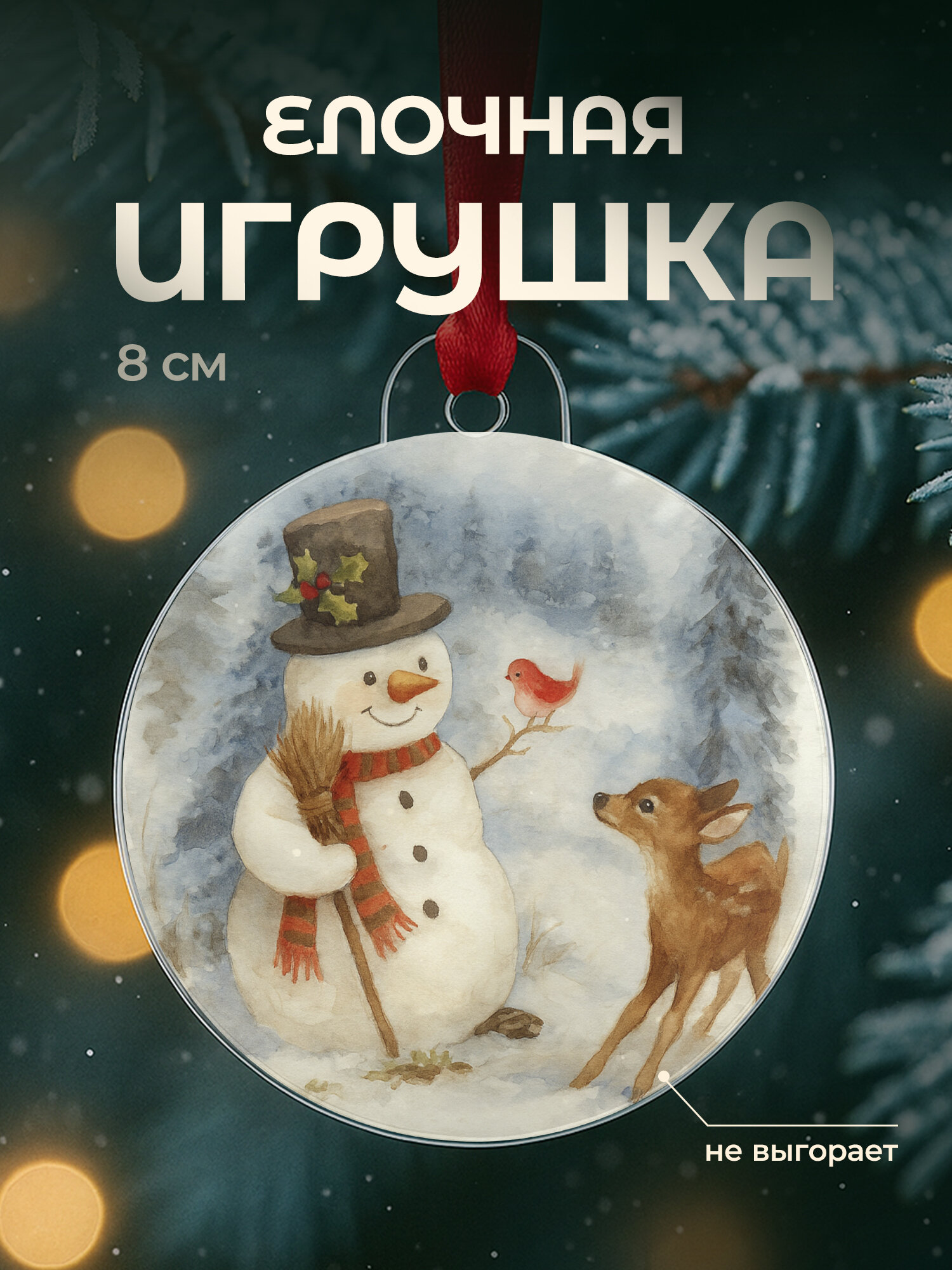 Елочная игрушка новогодняя плоская, акрил, 8 см с принтом Снеговик и олененок