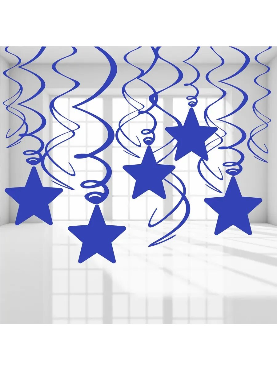 Спираль Декор Звезды, Синий, 12 шт / 6 спиралей со звездами + 6 без звезд .
