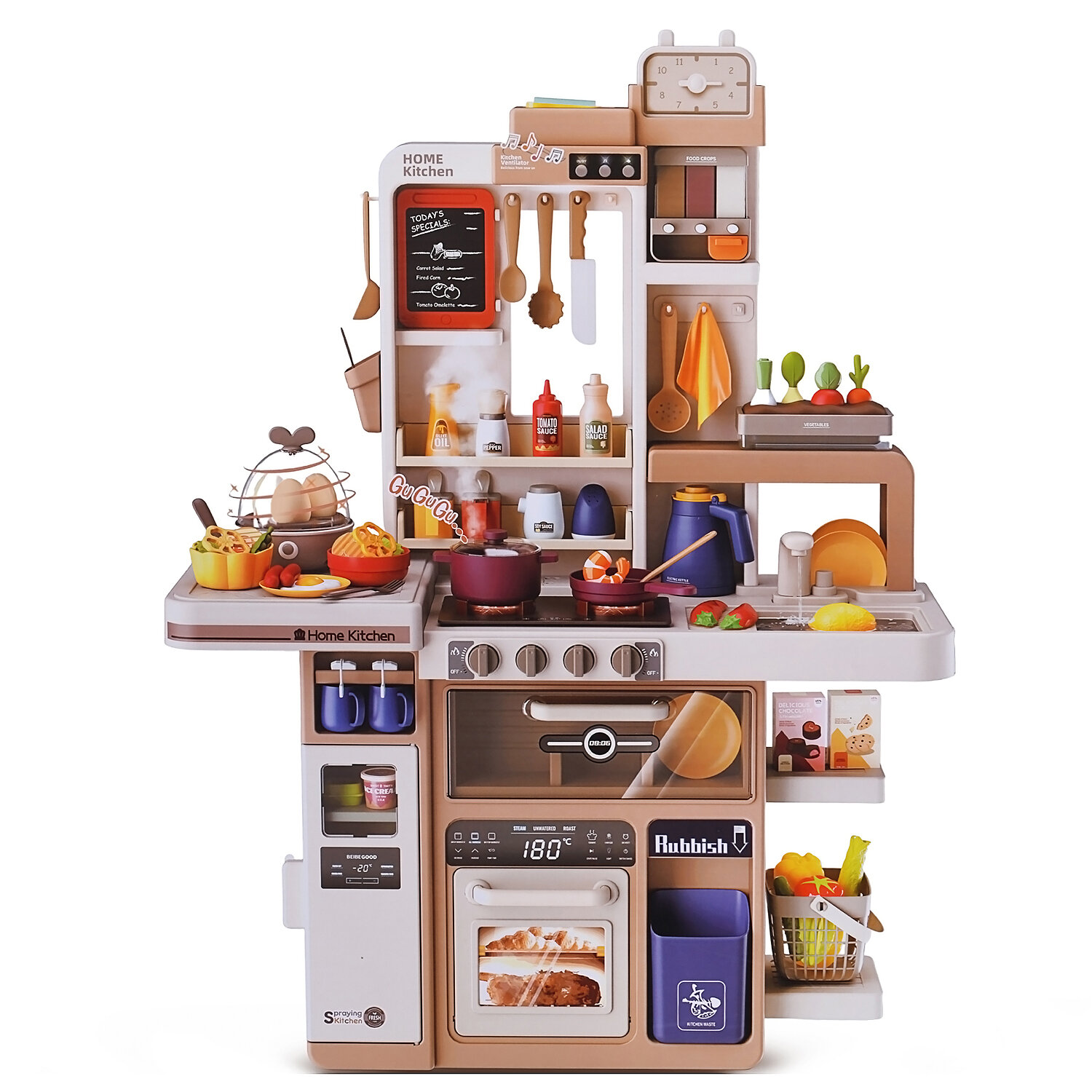 Кухня детская 88 предметов. Продукты меняют цвет при приготовлении. Свет, звук, пар, слив воды.