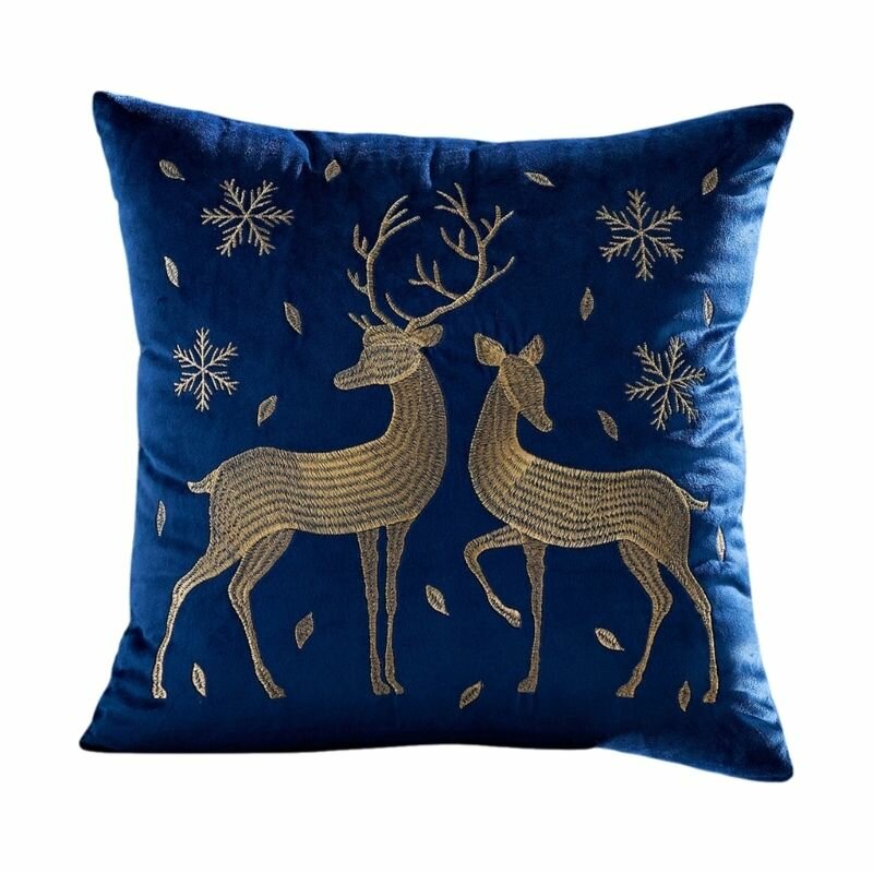 Наволочка в виде рождественской елки с лосем, наволочка вышивкой осенних и зимних снежинок-золотой олень на синем фоне