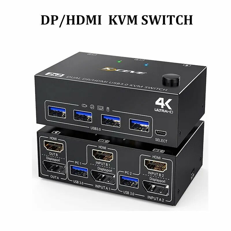 KVM с двумя дисплеями USB 3.0 Переключатель DP HDMI