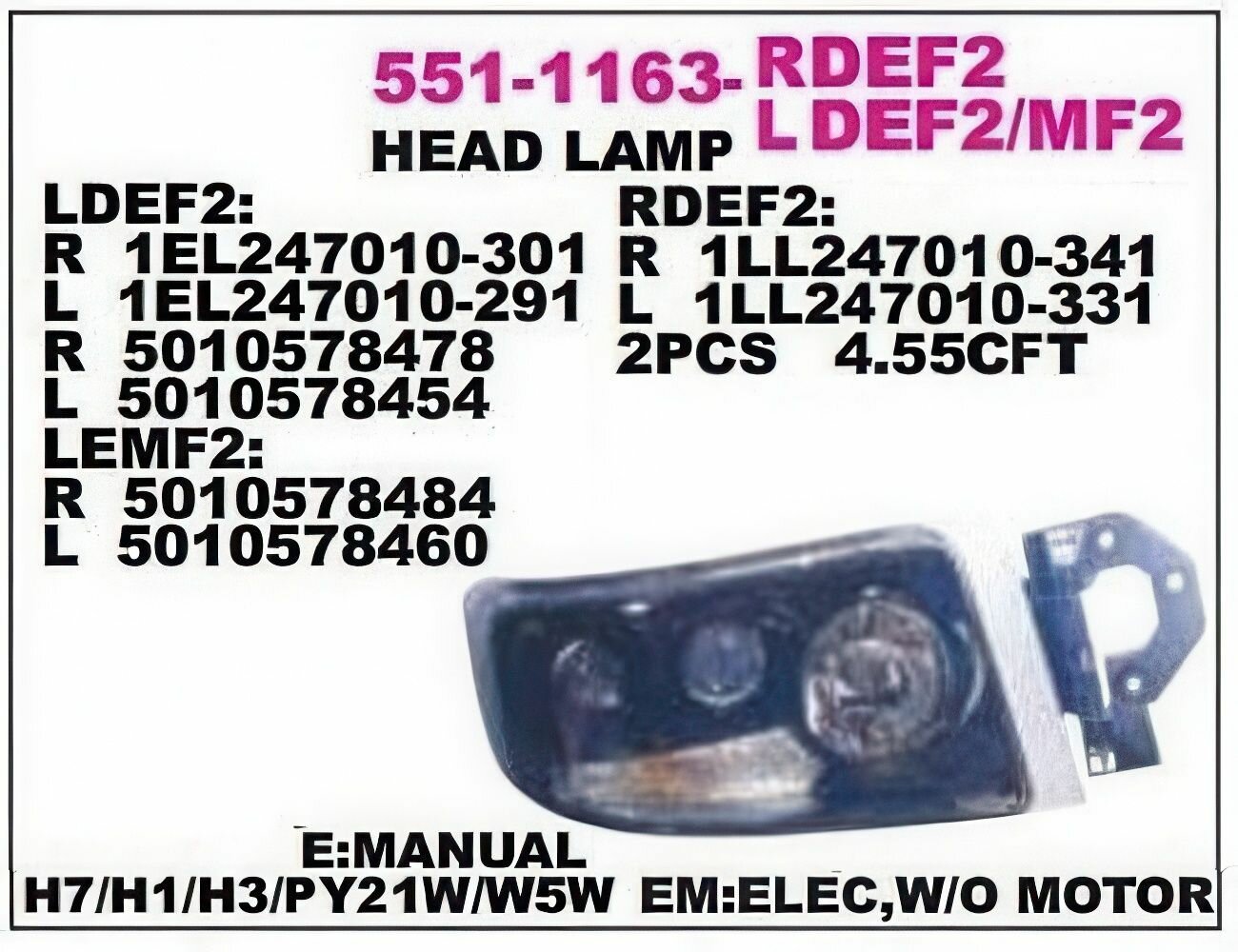 Фара правая для Рено Премиум II 2005-> арт 5511163RLDEF2