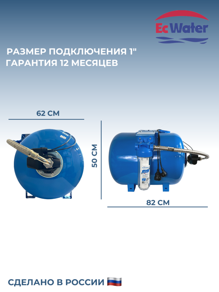 Гидроаккумулятор EcWATER "АвтоБак" CAB100COMBO, 100 л, горизонтальный, с блоком автоматики — фото 1