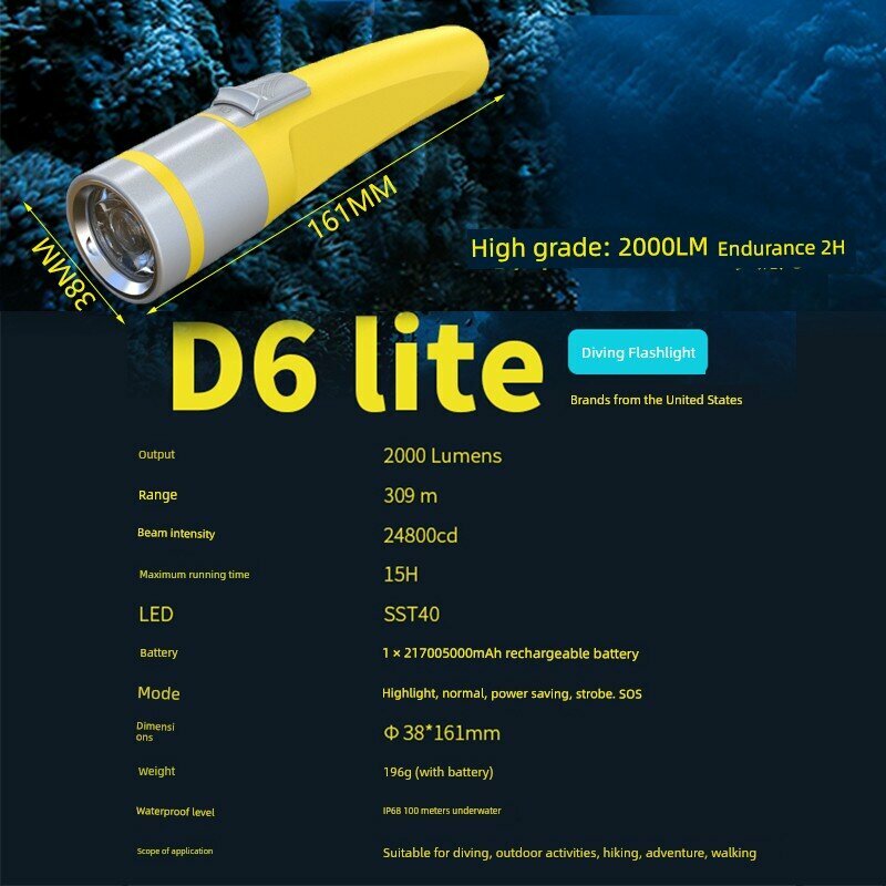 D6 LITE мини-фонарик, 2000 люмен, 2 часа работы