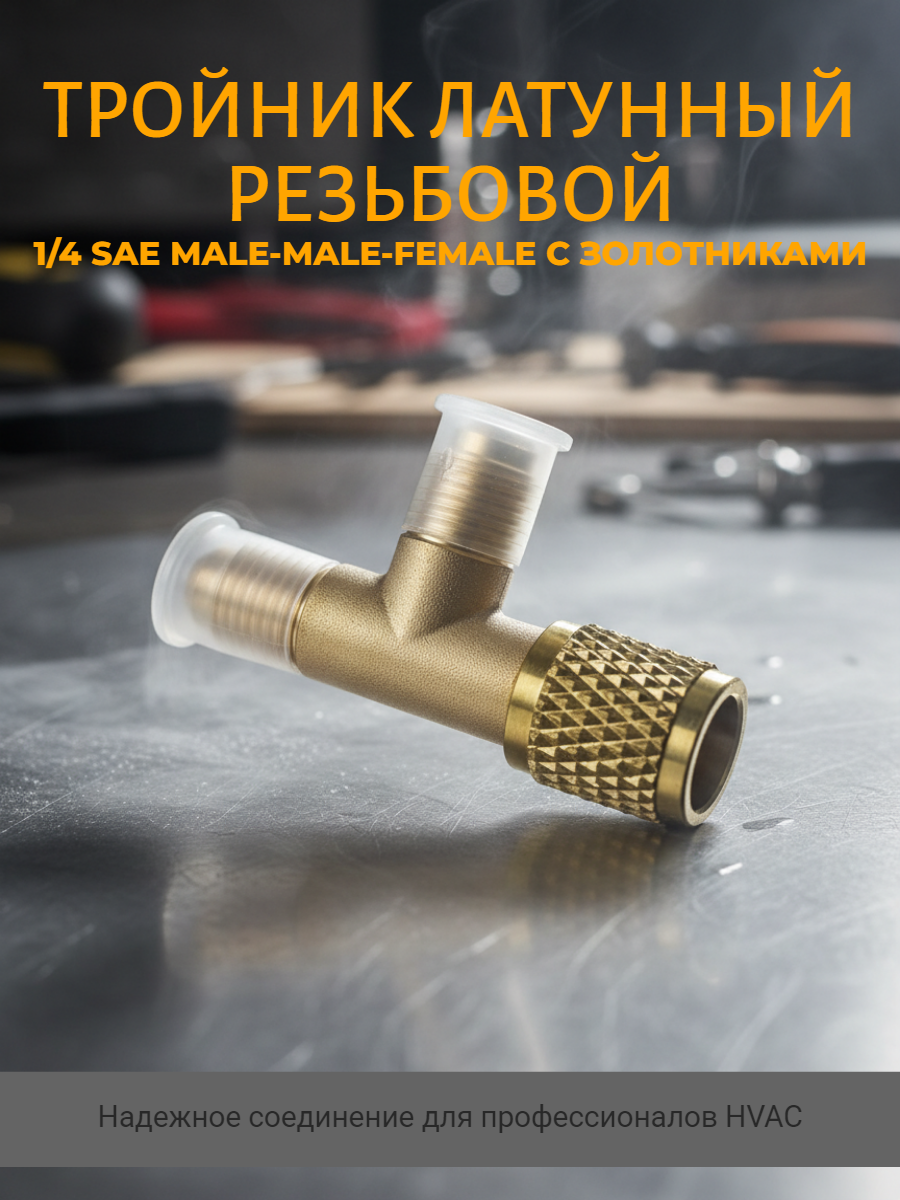 Тройник латунный резьбовой 1/4 SAE (male-male-female) с ниппелем