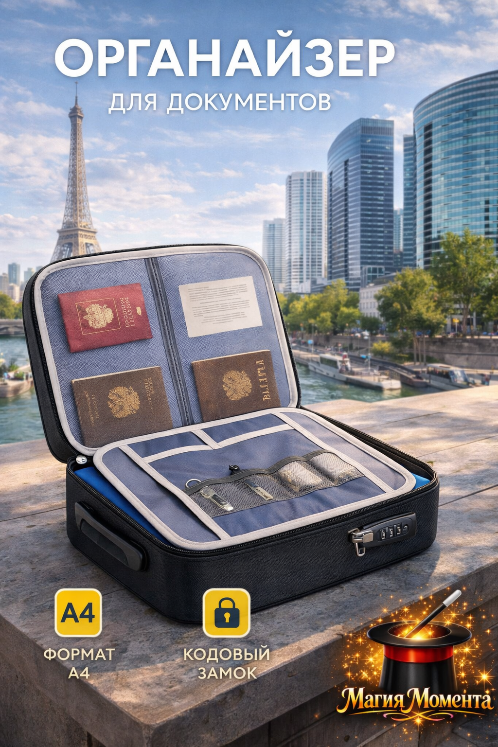 Сумка-органайзер для хранения документов с кодовым замком, черная