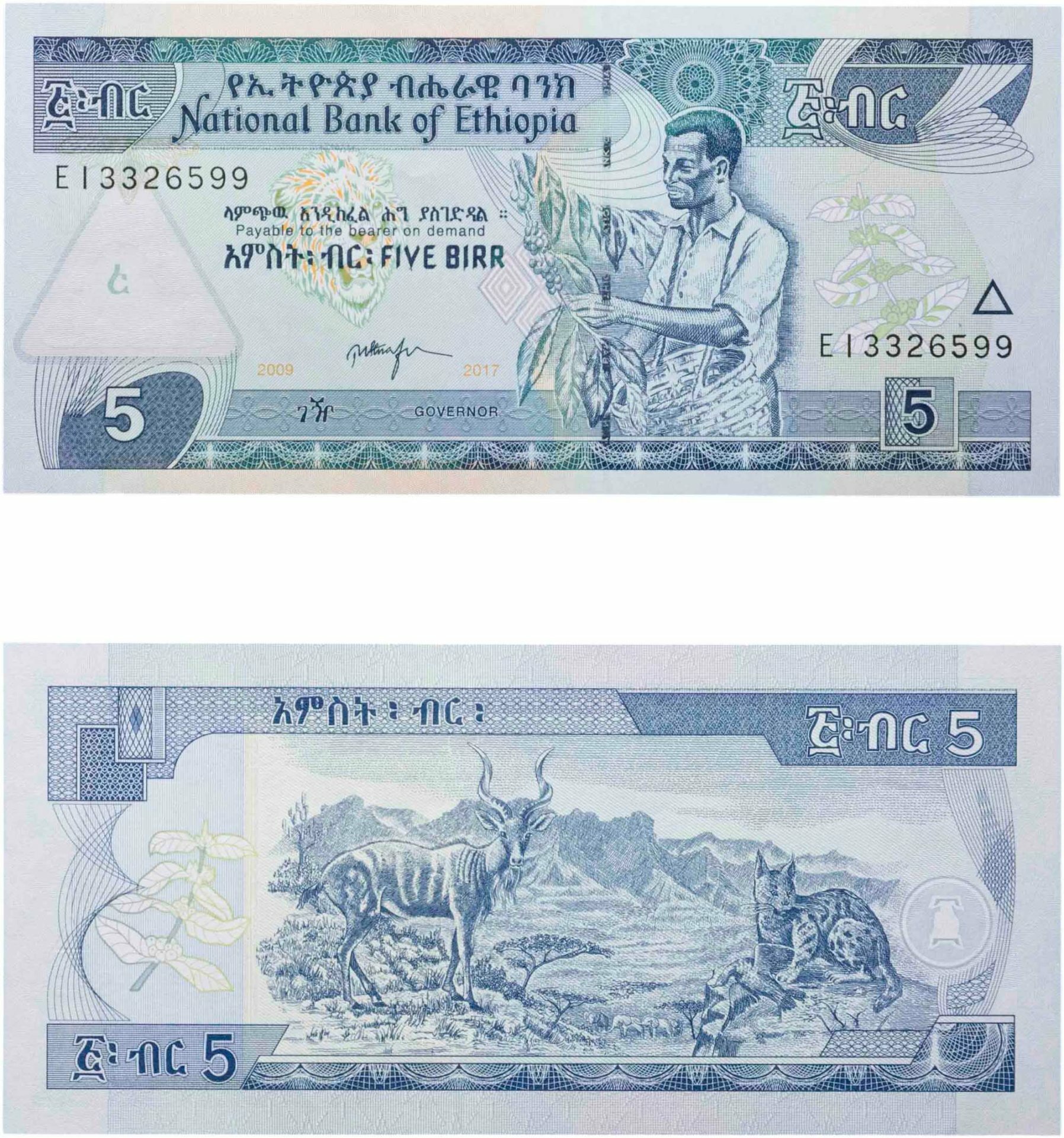 Эфиопия 5 бирр быр 2009 2017 Сборщик кофе "Рысь Фауна"
