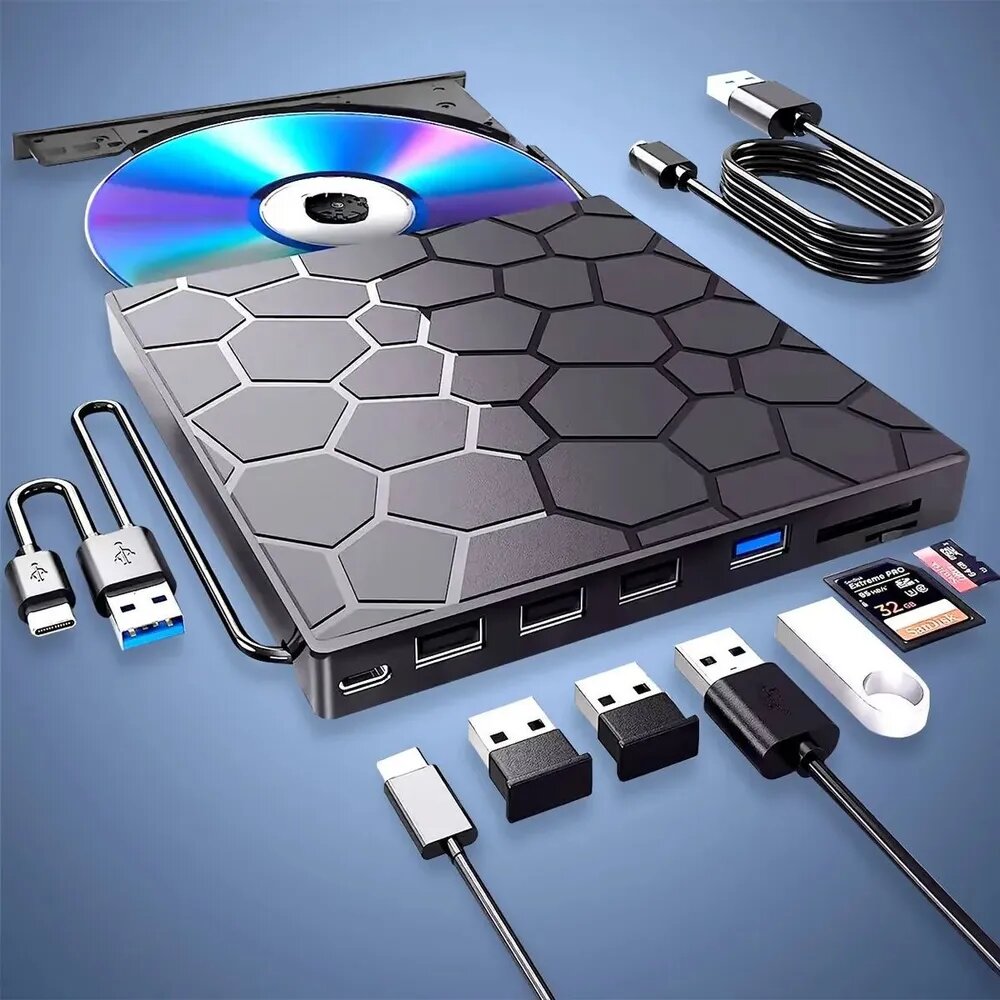 Внешний CD/DVD-привод для ноутбука, DVD-плеер для ноутбука, Ультратонкий портативный USB 3.0 8 в 1, внешний дисковод для записи DVD/ CD, плеер и записывающее устройство CD/VCD/DVD