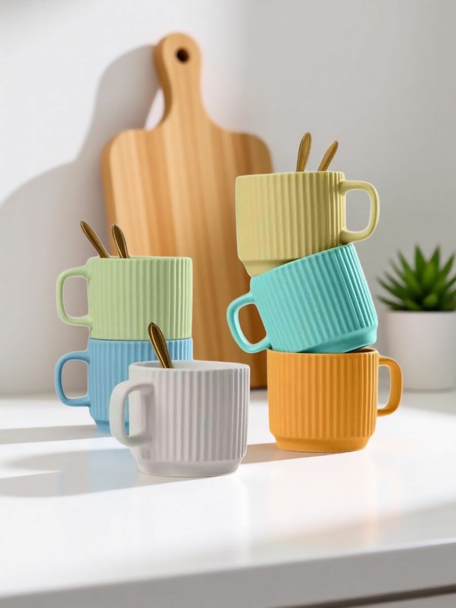 Набор кружек. Керамические Подарочные Чашки для чая, кофе, какао, супа. Стаканы для холодных и горячих напитков для 6 персон, 6 предметов. Гео Разноцветный 240 мл.