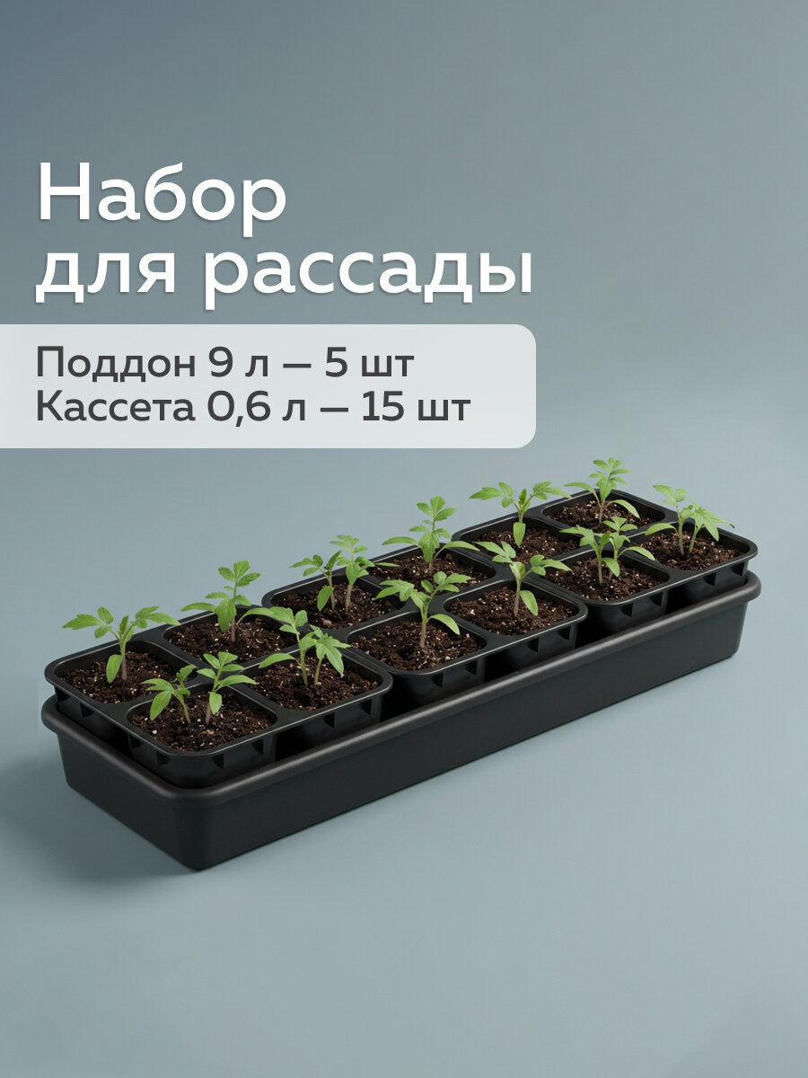 Набор кассет для рассады с поддоном, Альт-Пласт, пластик, чёрный, 0,6л (15шт), 9л (5шт)