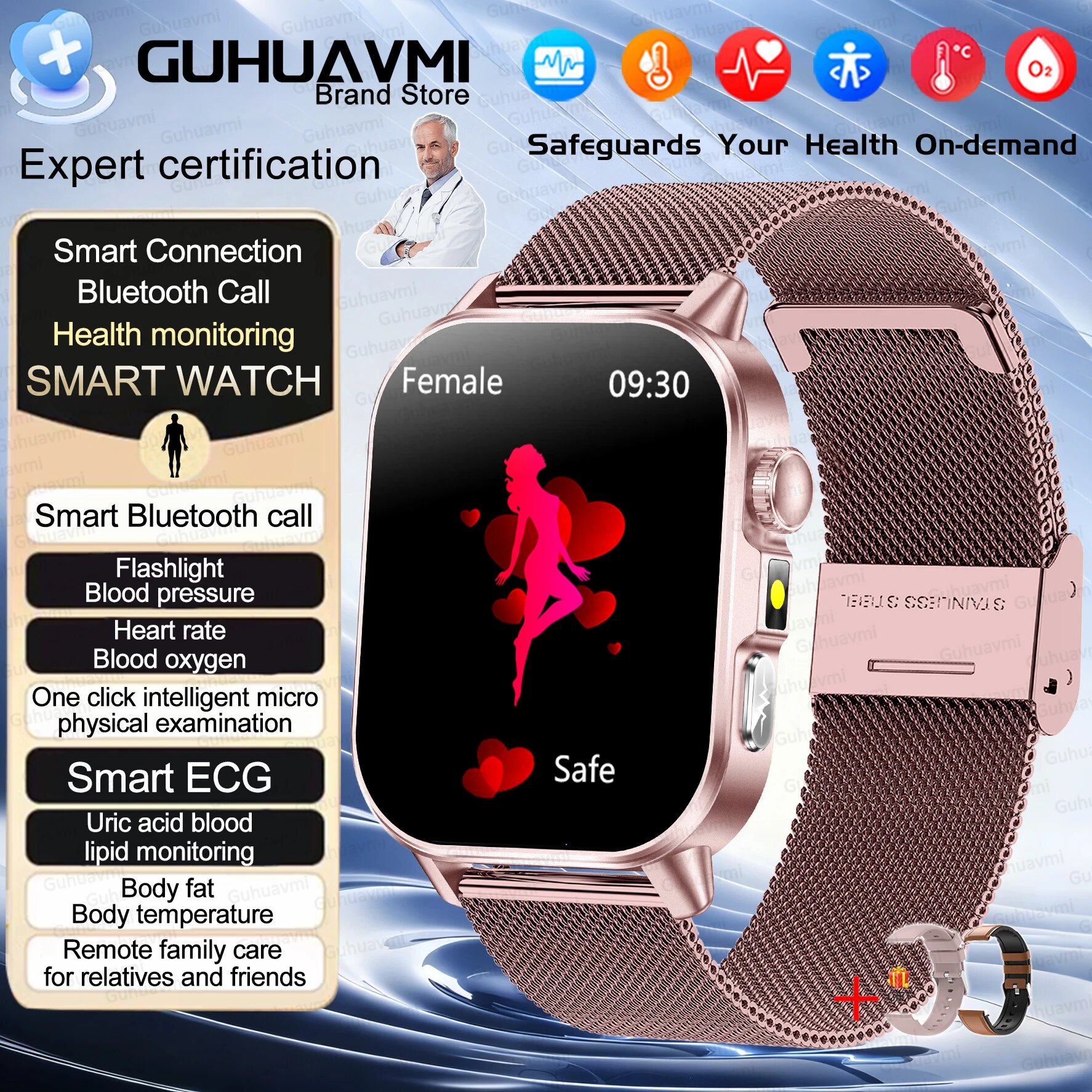 Розовые смарт-часы GUHUAVMI с ECG, Mesh Belt 2A