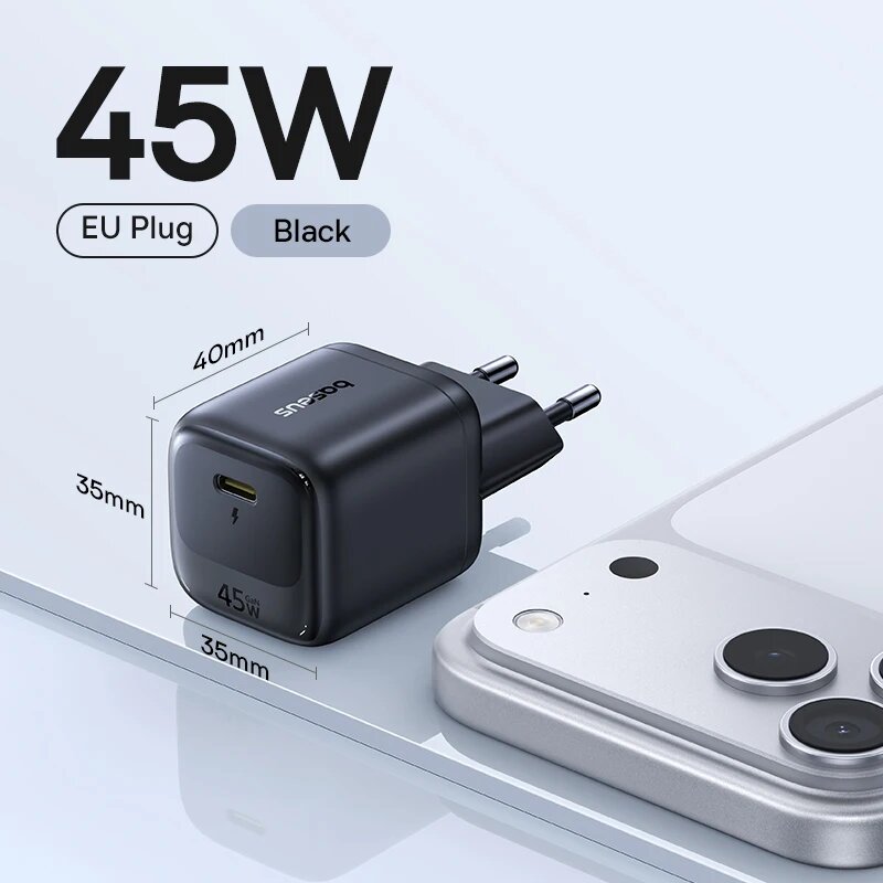 Зарядное устройство Baseus 45W GaN для телефонов iPhone 17, 16, 15, 14, 13 Pro Max, 45W Black EU