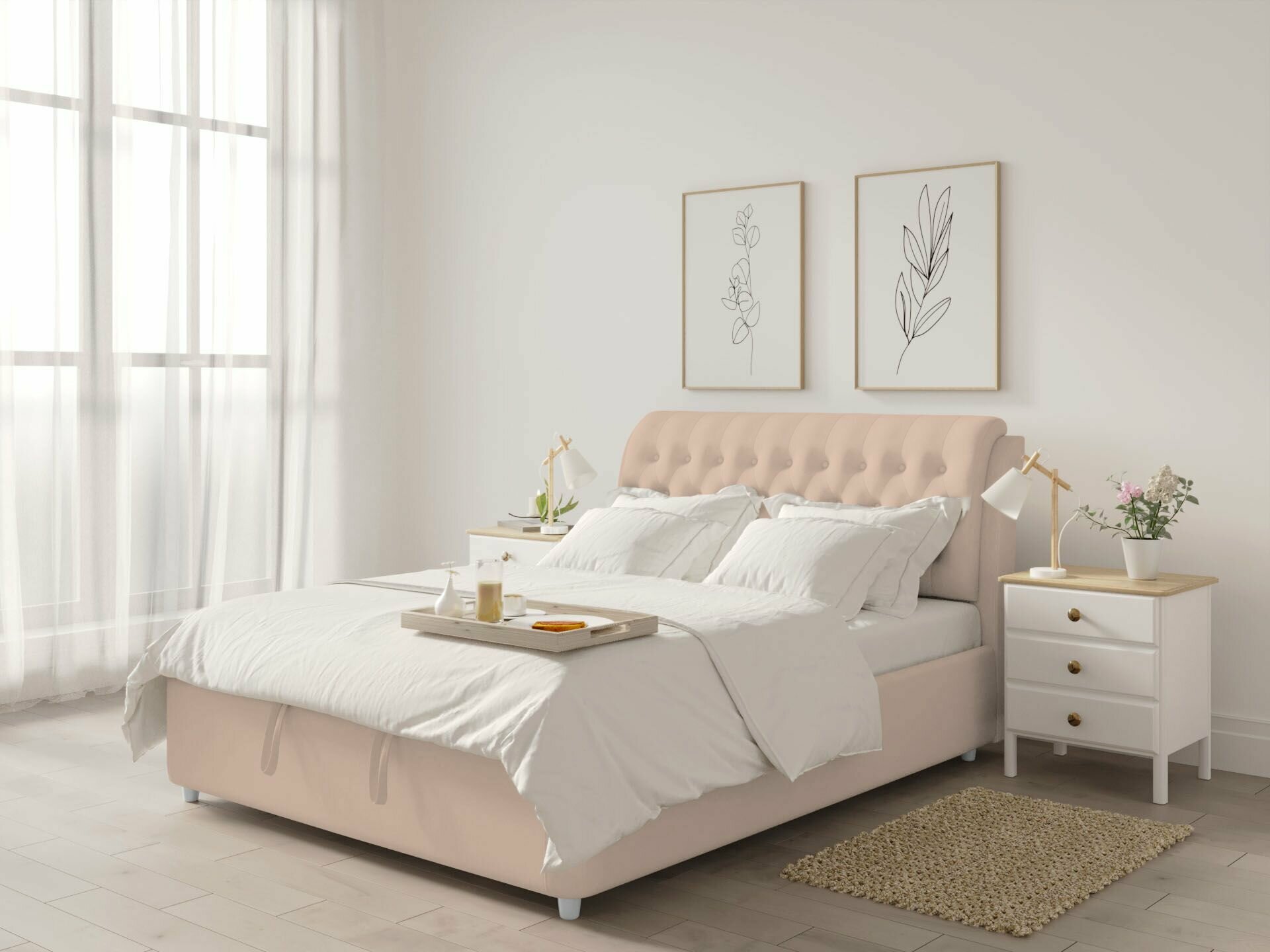 Двуспальная кровать 120х200, "Siena 2" с мягким изголовьем для дома, для спальни, ортопедическое основание. Велюр Бежевый (без подъёмного механизма) Teddy 008