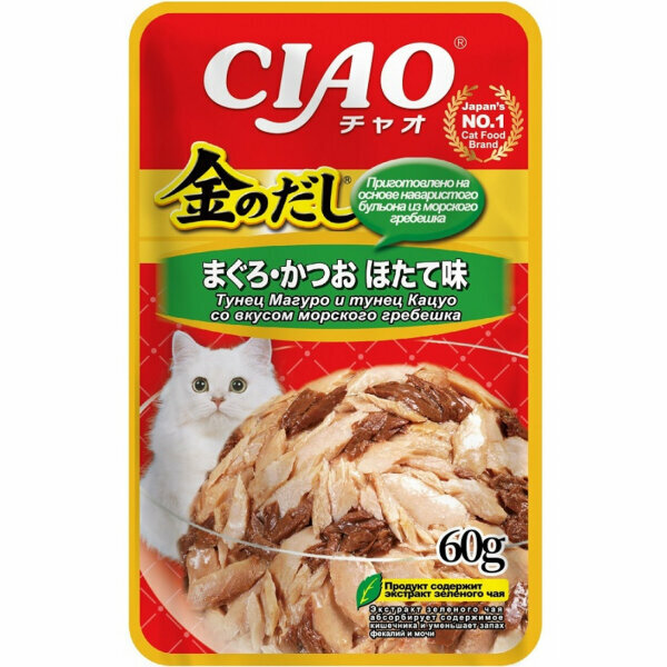 Inaba CIAO Пауч для кошек с Тунцом Магуро, Тунцом Кацуо и Гребешком 60 гр x 5 шт.