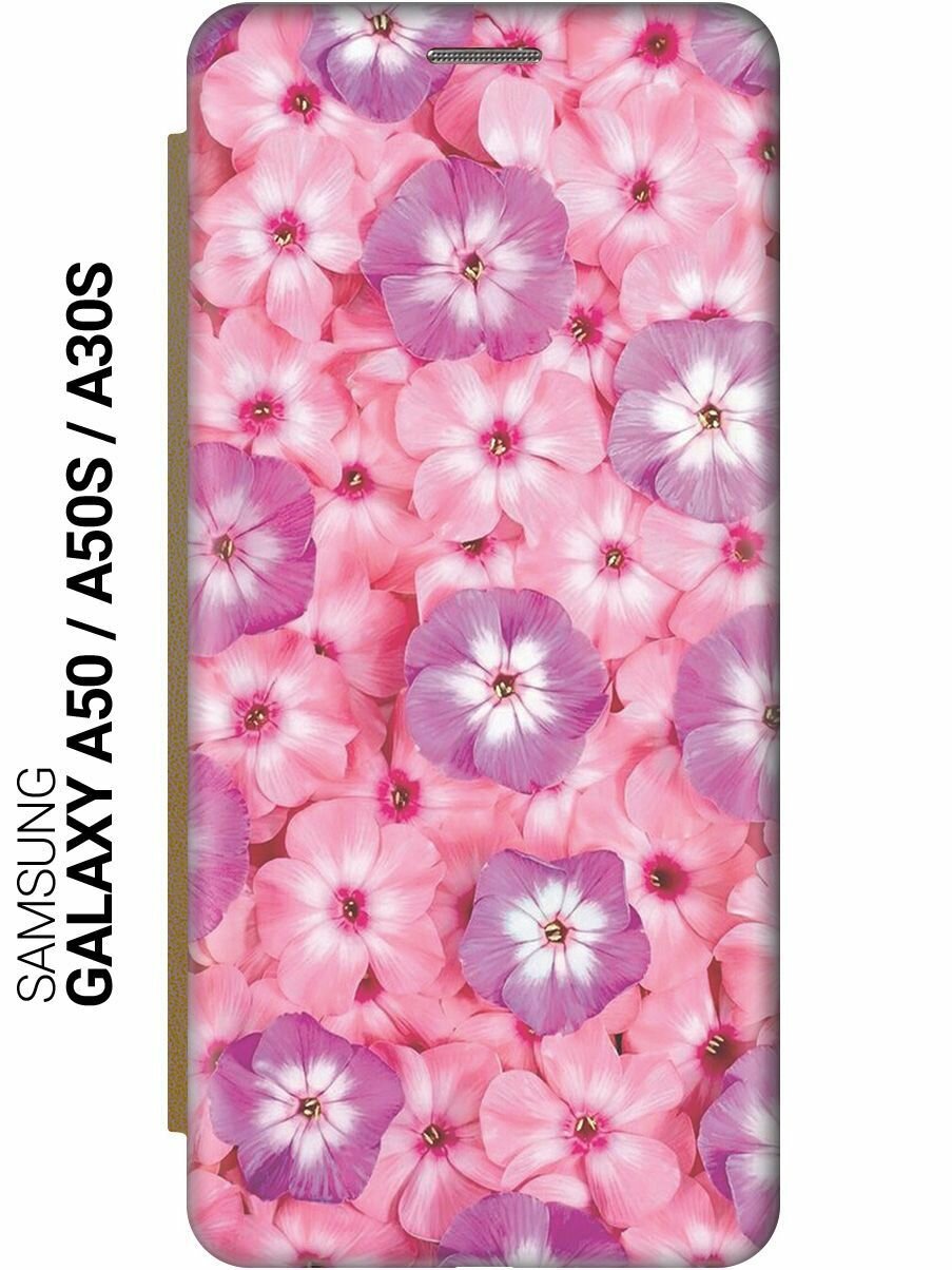 Чехол-книжка на Samsung Galaxy A50, A50s, A30s, Самсунг А50, А30с, А50с c принтом "Розовые и фиолетовые филаки" золотистый