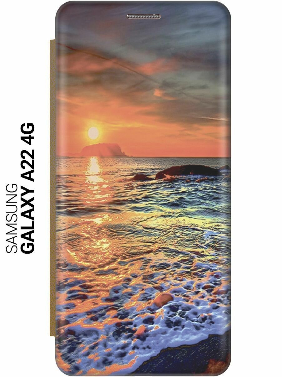 Чехол-книжка на Samsung Galaxy A22, M32, M22, Самсунг А22, М32, М22 c принтом "Закат на море" золотистый