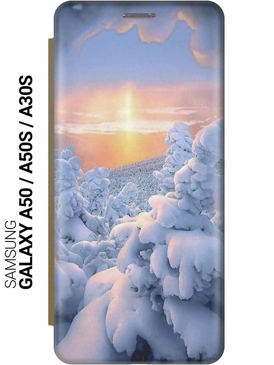 Чехол-книжка на Samsung Galaxy A50, A50s, A30s, Самсунг А50, А30с, А50с c принтом "Заснеженный лес" золотистый