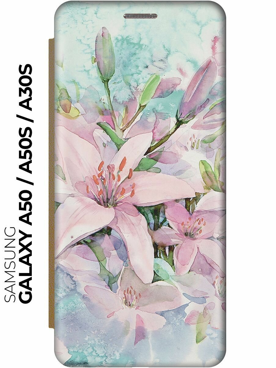 Чехол-книжка Нежные розовые цветы на Samsung Galaxy A50 / A50s / A30s / Самсунг А50 / А30с / А50с золотой