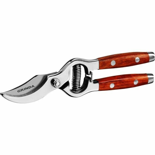 Секатор GRINDA 210 мм, цельнокованый из нержавеющей стали, с деревянными рукоятками