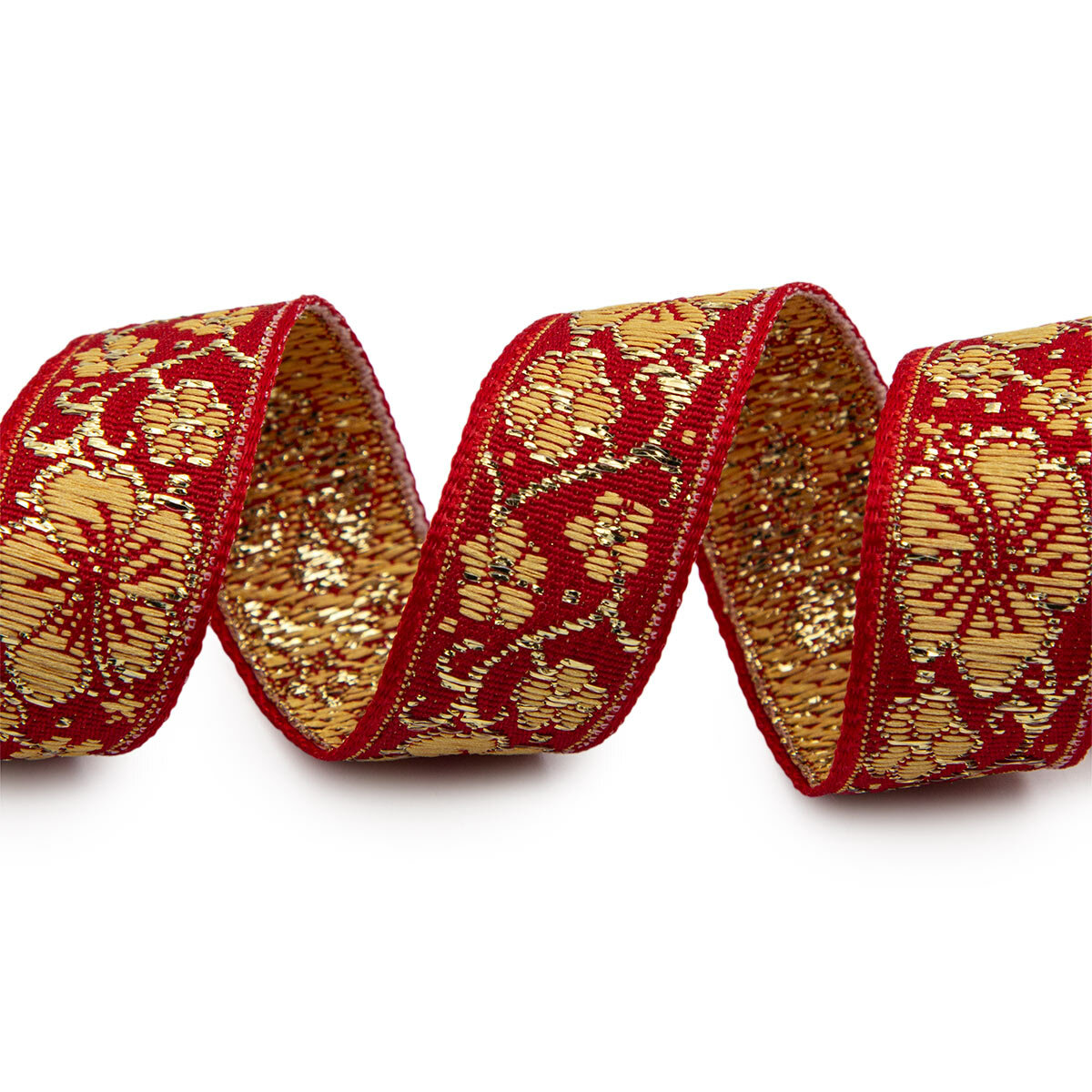 С1856Г17 Лента жаккардовая с метанитом, рисунок 9579 'Яблоневый цвет', 18мм*25м (1 красный, желтый, золото)
