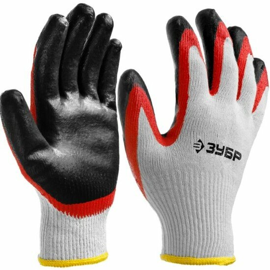 Перчатки с двойным латексным обливом Зубр х2 защита, эластичные, натуральный хлопок, размер S-M 11459-S