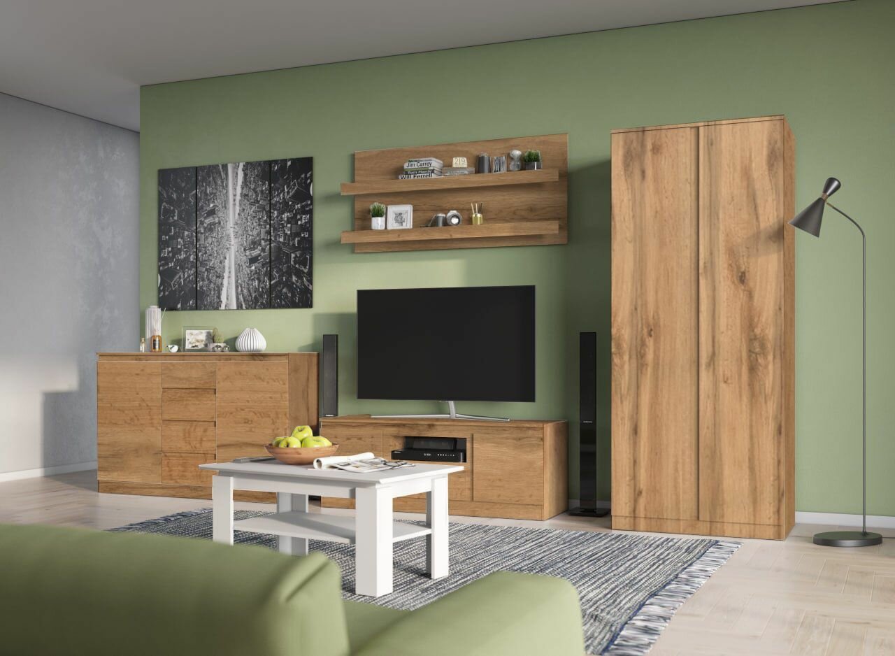 Комплект мебели в гостинную, модульная стенка НК-Мебель, гостиная Stern 1, Дуб Вотан, (ШхВхГ) 358х200х58 см.