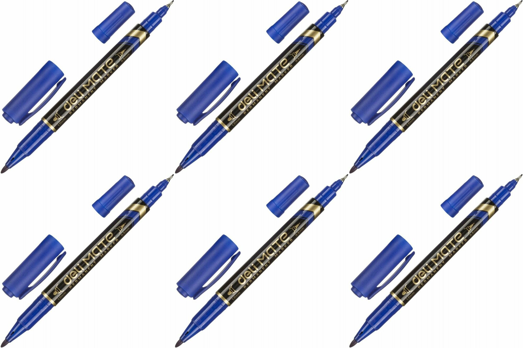 Deli Маркер перманентный двусторонний Mate, синий, 0,5-1 мм, 6 шт