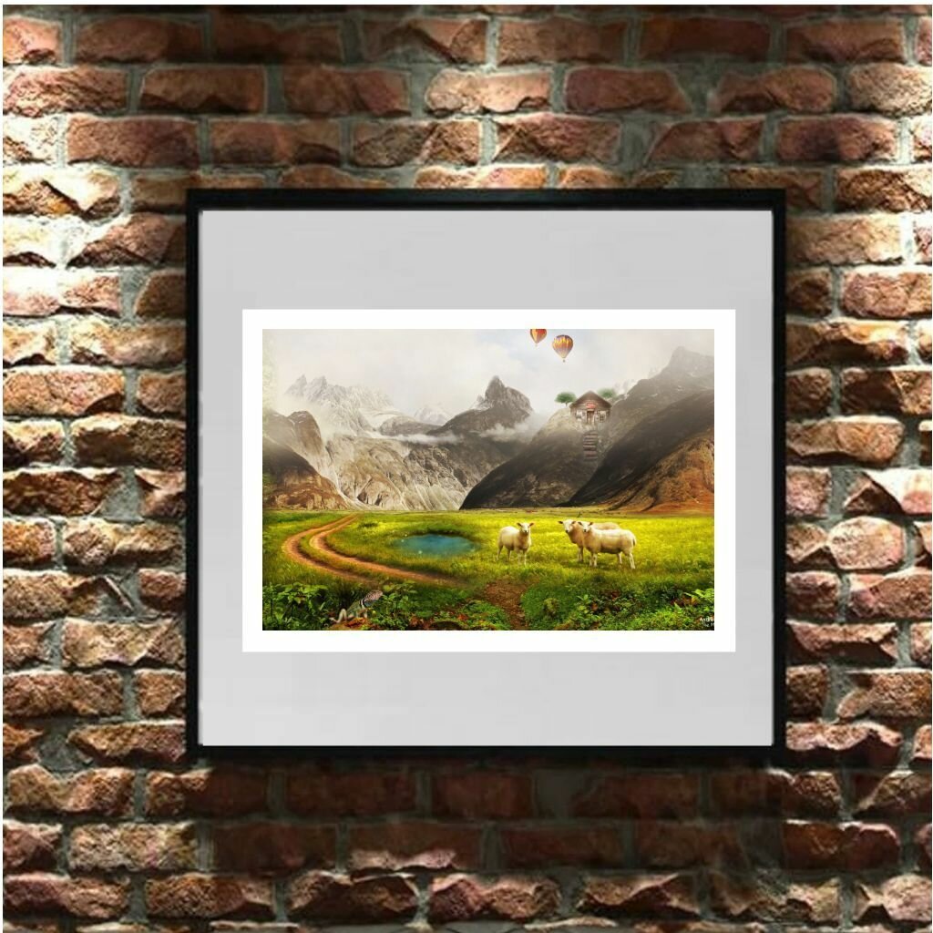 Плакат "Овцы, аэростаты и домик в горах" Cool Eshe из коллекции "Природа", плакат А4