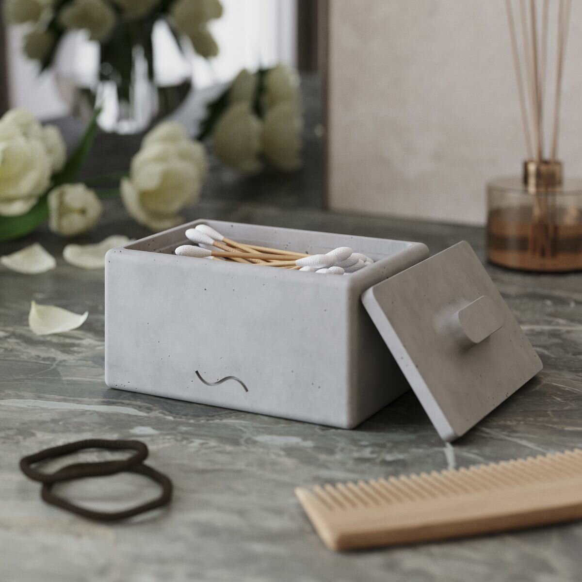 Контейнер для ватных палочек, органайзер для мелочей в ваную Emily , 12x8 см, с крышкой, бетон, серый матовый