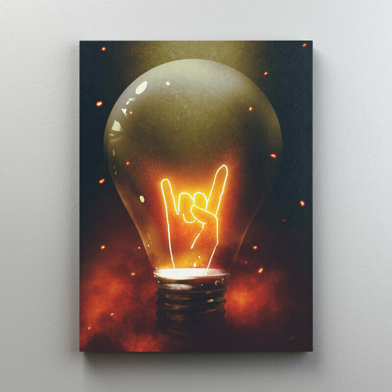 Интерьерная картина на холсте "Светящаяся лампочка с жестом - рок" размер 22x30 см