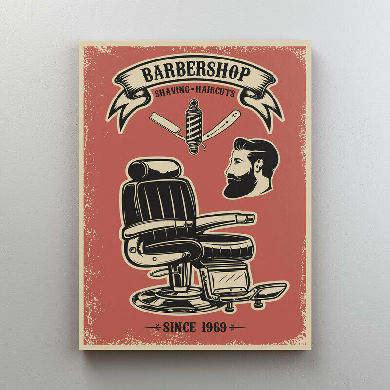 Интерьерная картина на холсте "Винтажный постер для барбершопа - парикмахерское кресло" размер 22x30 см