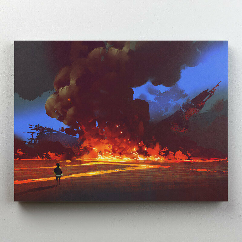 Интерьерная картина на холсте "Мальчик и разбитый самолет" размер 30x22 см