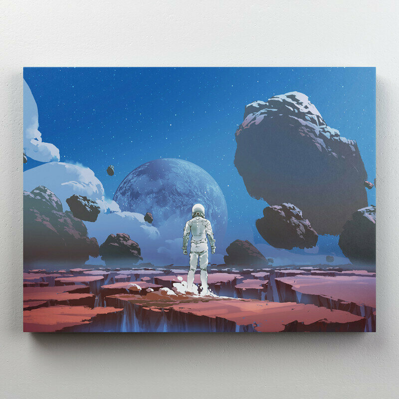 Интерьерная картина на холсте "Космонавт и парящие астероиды" размер 30x22 см