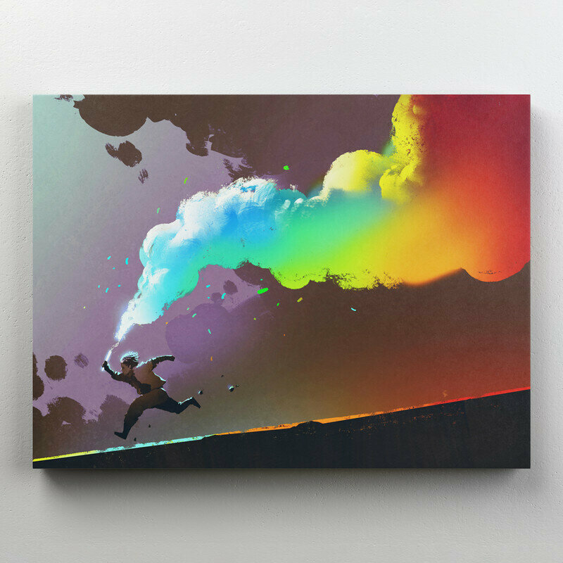 Интерьерная картина на холсте "Мальчик бежит с радужным дымом" размер 40x30 см