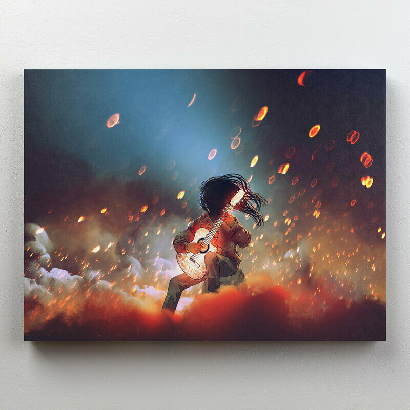 Интерьерная картина на холсте "Девушка играет в облаках на светящийся гитаре" размер 30x22 см
