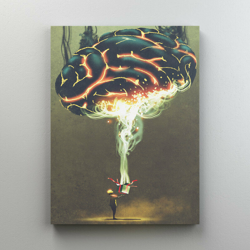 Интерьерная картина на холсте "Мальчик открывает волшебную коробку со светящимся огромным мозгом" размер 30x40 см