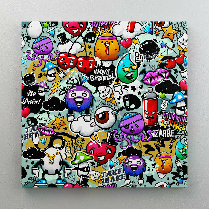 Интерьерная картина на холсте "Граффити - веселые стикеры" размер 25x25 см