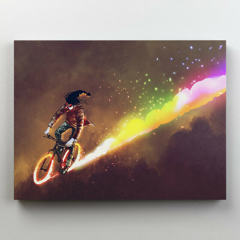 Интерьерная картина на холсте "Арт - велосипедист в странной шапке" размер 30x22 см