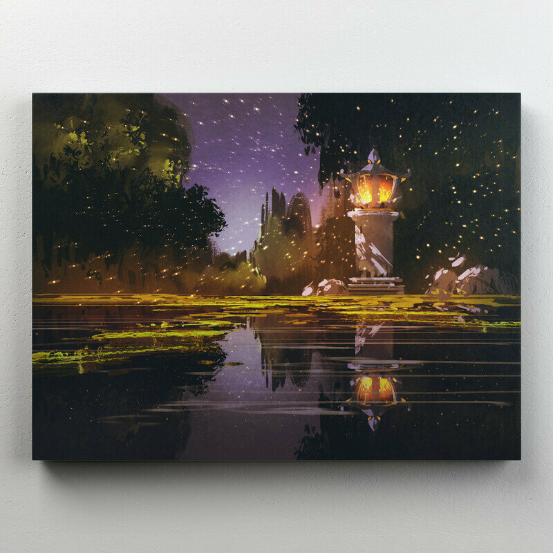 Интерьерная картина на холсте "Пейзаж - озеро и ночной фонарь" размер 60x45 см