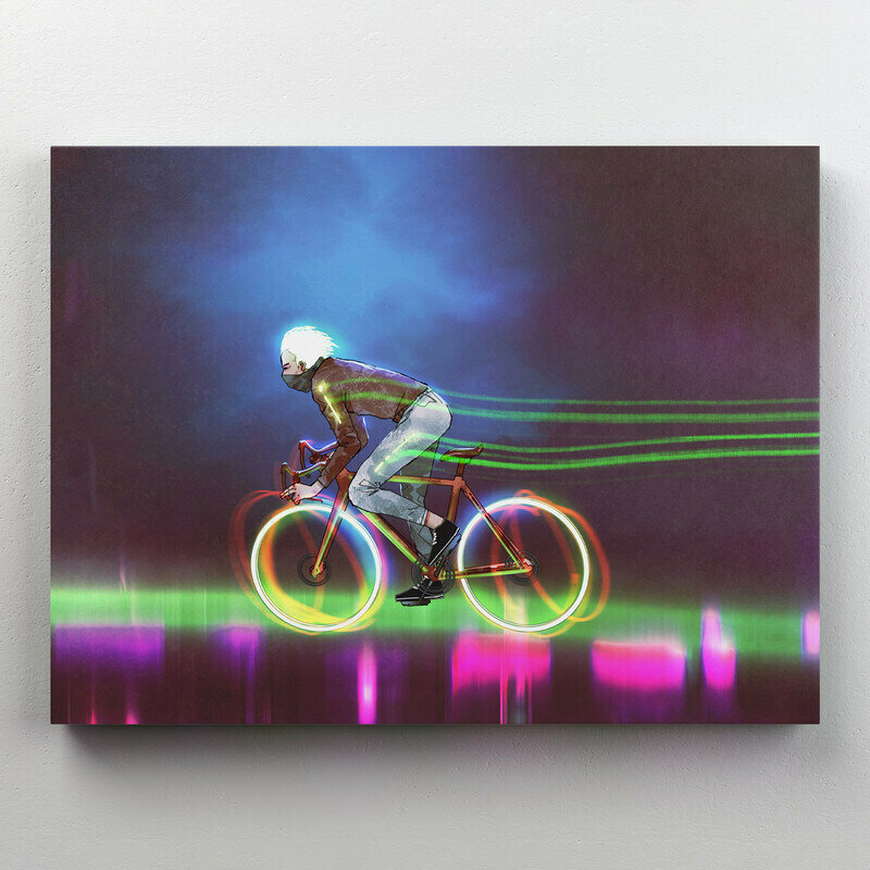 Интерьерная картина на холсте "Человек едет на неоновом велосипеде ночью" размер 40x30 см