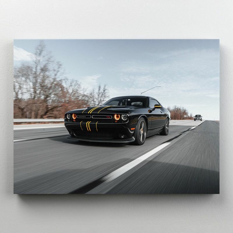 Интерьерная картина на холсте "Черный Dodge Challenger Coupe - американский автомобиль" размер 30x22 см