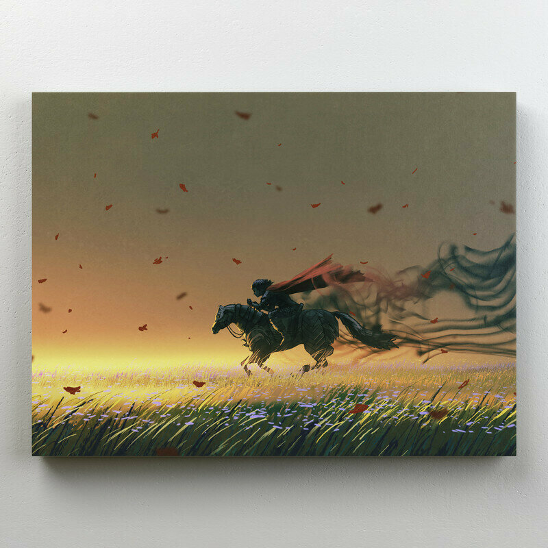 Интерьерная картина на холсте "Всадник мчится по васильковому полю" размер 30x22 см