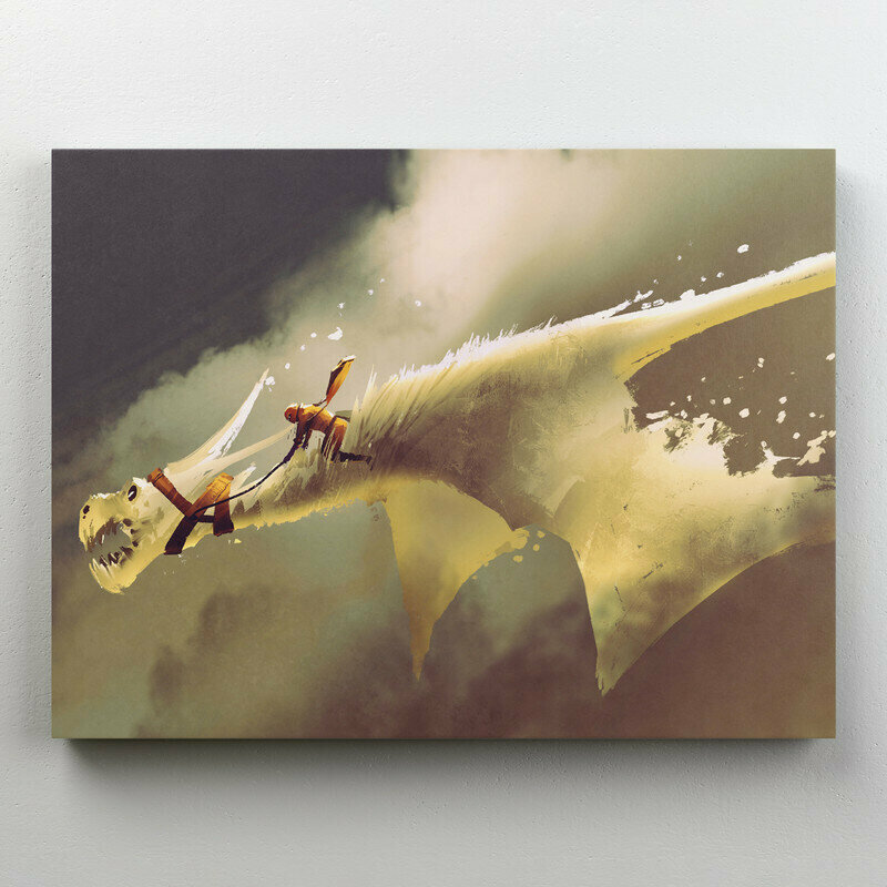 Интерьерная картина на холсте "Мифический эльф верхом на белом драконе" размер 30x22 см