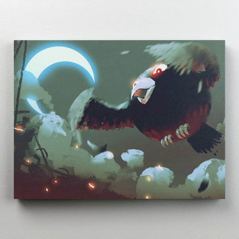 Интерьерная картина на холсте "Арт - круглый ворон летает на фоне молодого месяца" размер 40x30 см