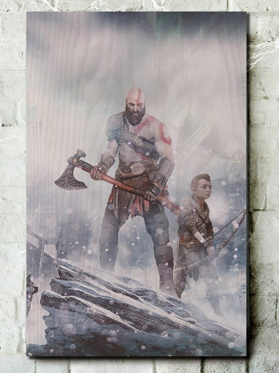 Картина интерьерная на дереве God of War Бог Войны, Мифы, Кратос, Атрей - 14200