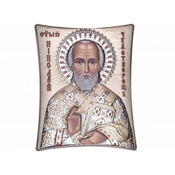 Икона "Николай Угодник" / Николай Чудотворец Мирликийский / Икона на дереве с серебрением / 20x16 см / Греция Slevory / 136TW2FWD