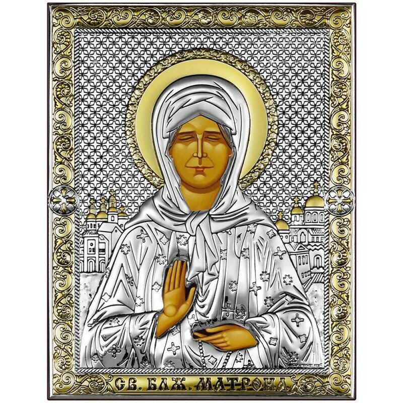 Икона "Святая Матрона Московская" / Икона на дереве с серебрением / 14x18 см / Италия Beltrami / 6425/OP