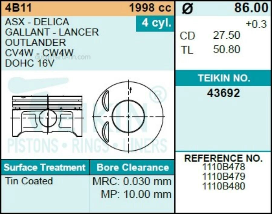 TEIKIN 43692STD Поршень без колец ( цена за 1 шт) Mitsubishi 4B11 D86.0 STD (1110B480)