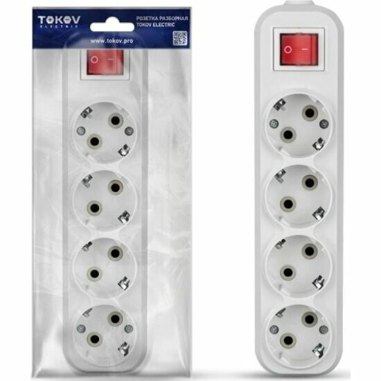Колодка удлинителя Tokov Electric 4-м 16А с заземл. с выкл. АБС-пластик бел, TKE-C01-KU4-ZV