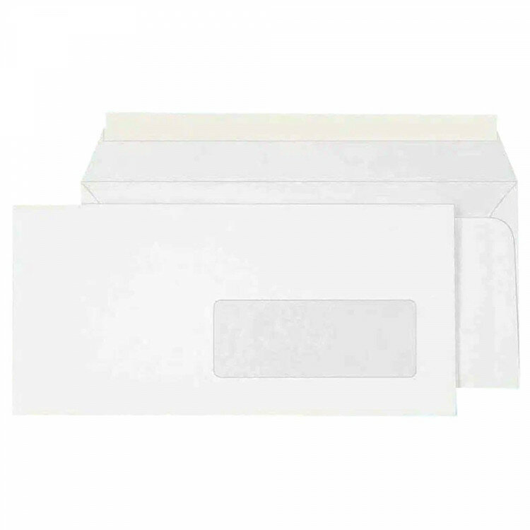 Конверт белый (Е65 евро 110*220) прямой клапан, стрип, правое нижнее окно, 80г арт.1836. Количество в наборе 100 шт.